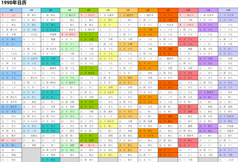1990年日历表 日历表1990年日历全年 带农历 含周数 周一开始 - 在线网页版 - 日历精灵